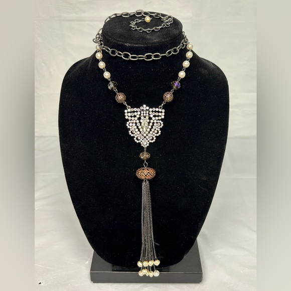 L&F | Jewelry | Lf Pearl Rhinestone Ab Beaded Tassel Silver Tone ...